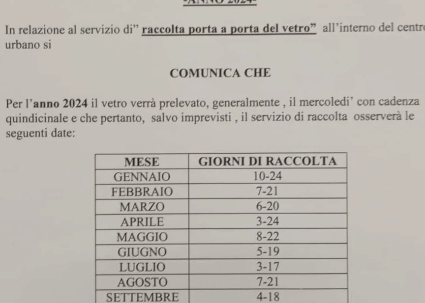 CALENDARIO RACCOLTA VETRO ANNO 2024 | Comune di Lioni